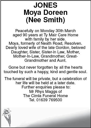Mrs Moya Jones Funeral Notice – Resolven District News